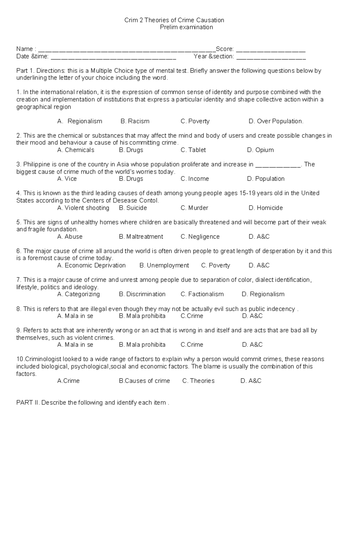 Crim 2 Theories of Crime Causation Prelim Exam Guide - Studocu