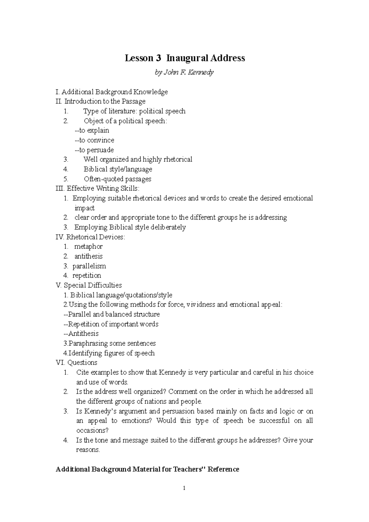 Lesson 3: Analyzing Kennedy's Rhetorical Techniques in Inaugural ...