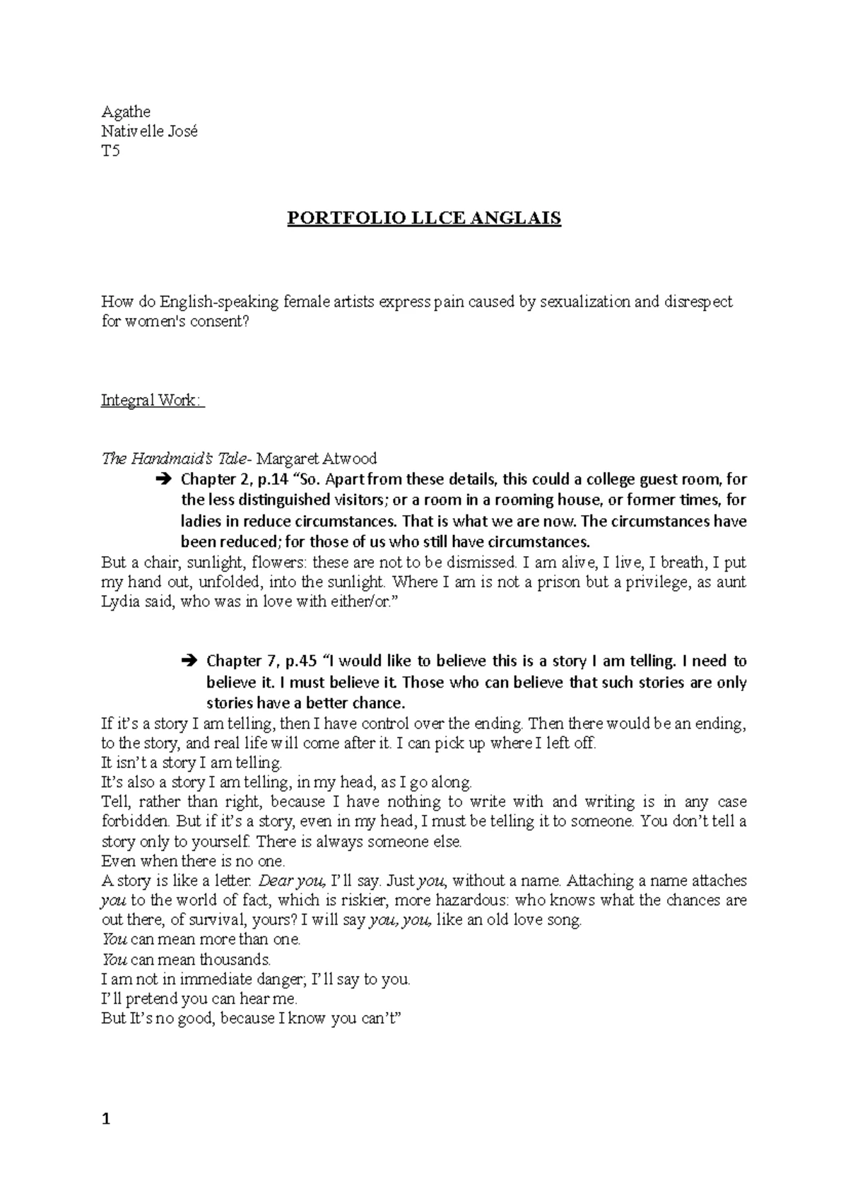 LLCEA : portfolio - PORTFOLIO Table of contents Theme chosen : Self ...