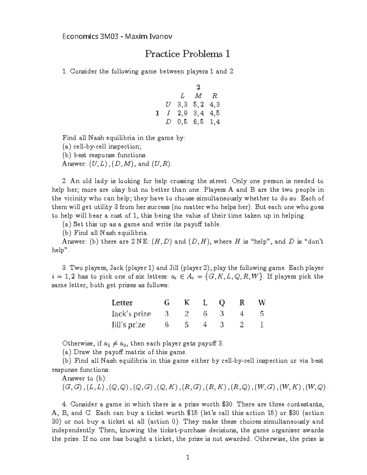 Economics 3M03 Practice Problems on Nash Equilibria and Game Theory ...