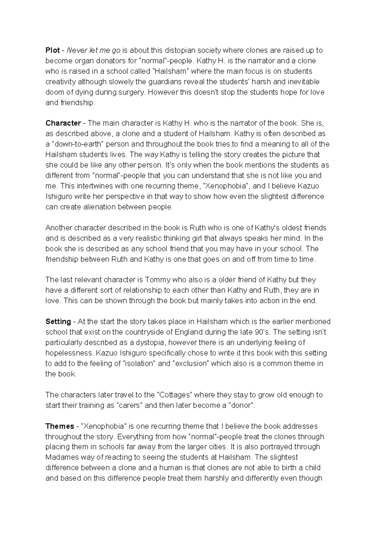 Literary analysis - Never let me go - Plot - Never let me go is about ...