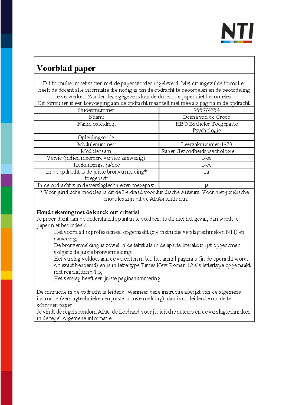 Modulenummer 4973: Paper over Gezondheidspsychologie en Beweging ...