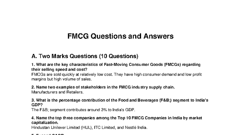 FMCG Quiz Q&A: Key Concepts & Industry Insights - Studocu