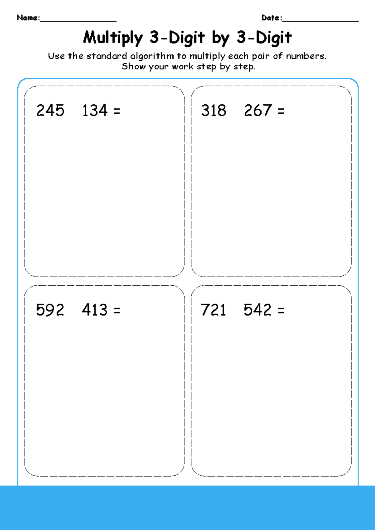 3-Digit by 3-Digit Multiplication - 5th Grade Worksheet - Name: 245 × ...