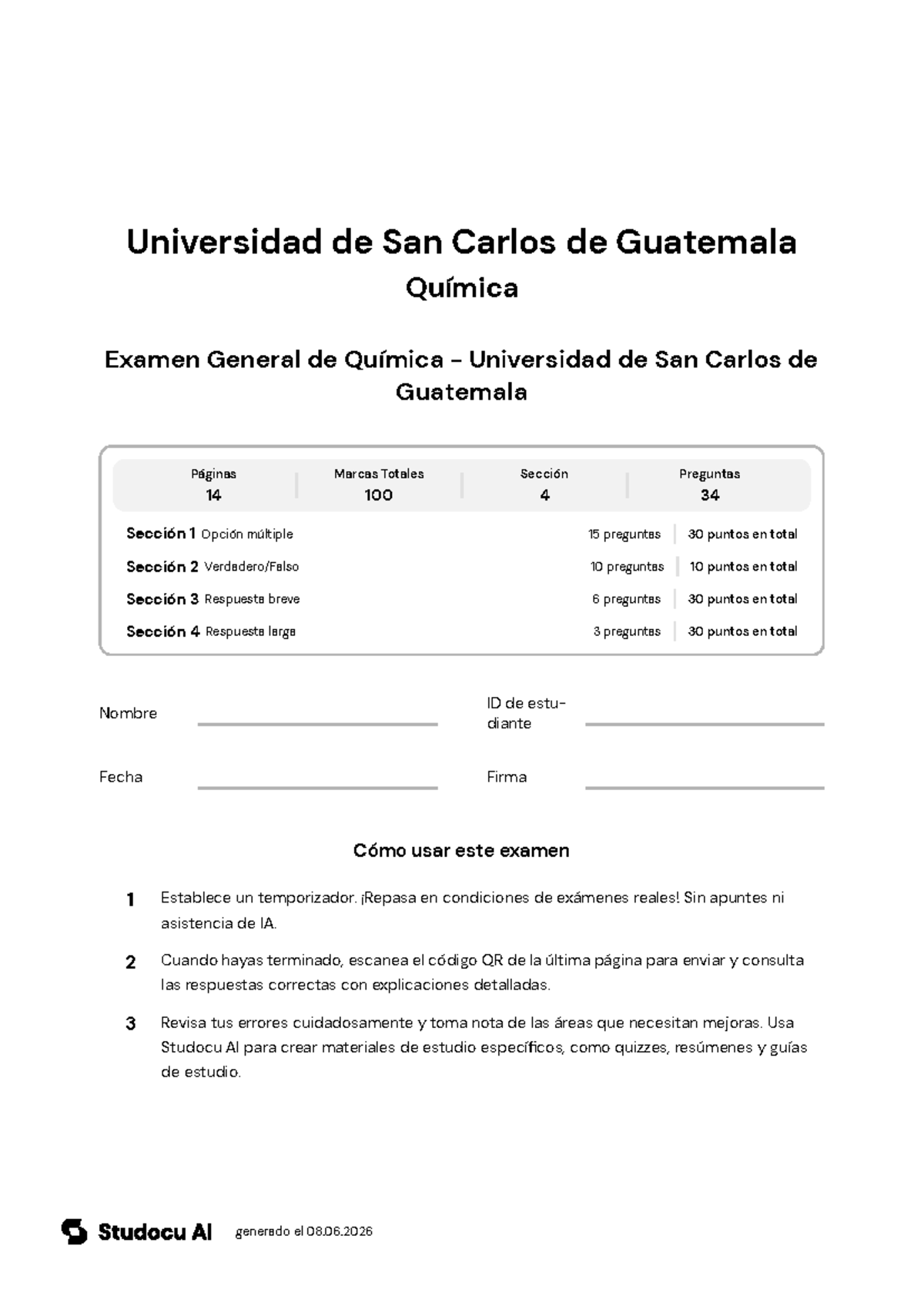 Examen General de Química - USAC - Studocu