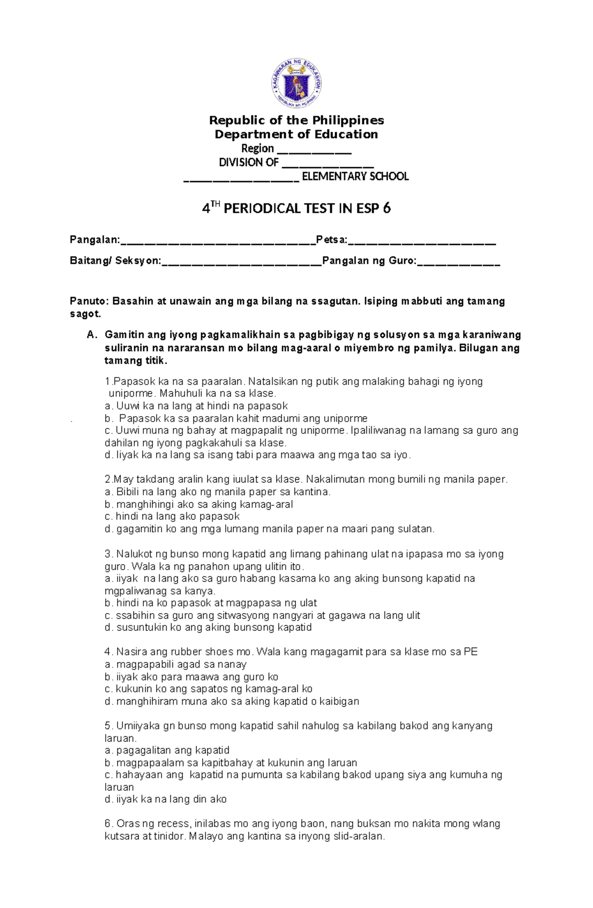 PT Filipino 6 - Q4 V2 - Republic of the Philippines Department of ...