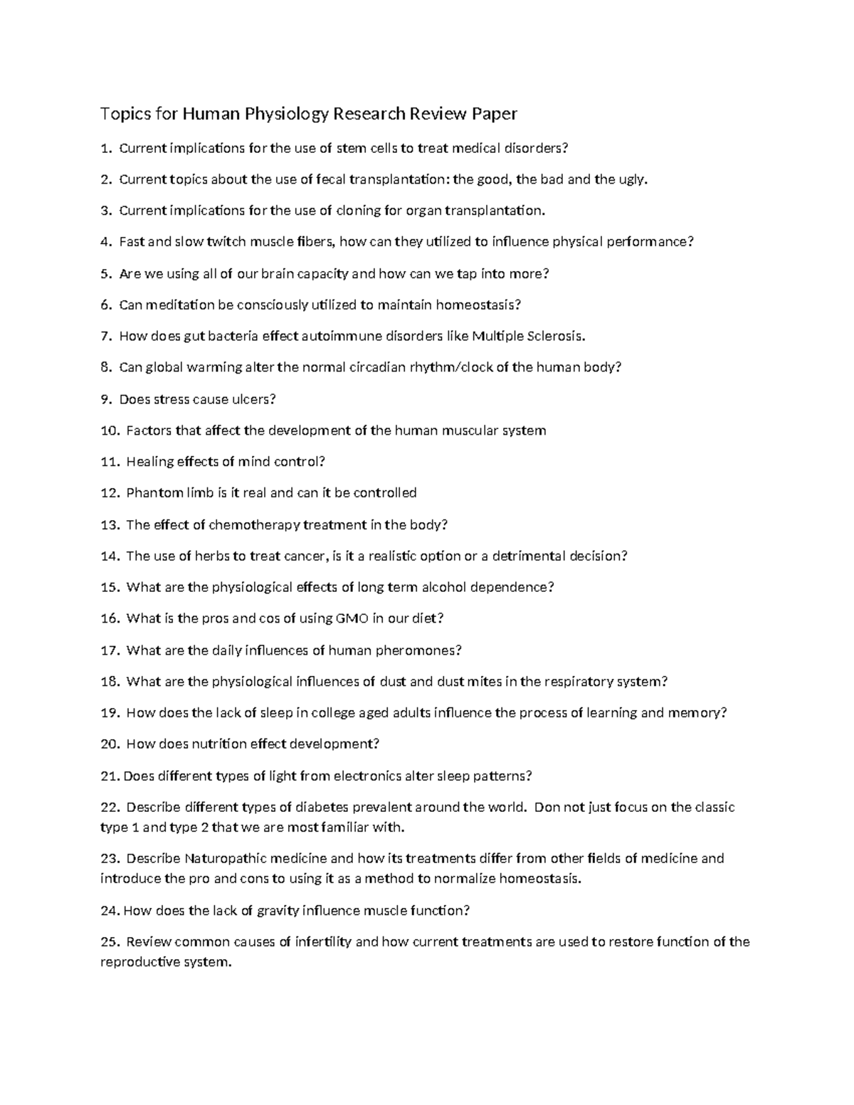 Human Physiology Research Topics: A Comprehensive Review - Studocu