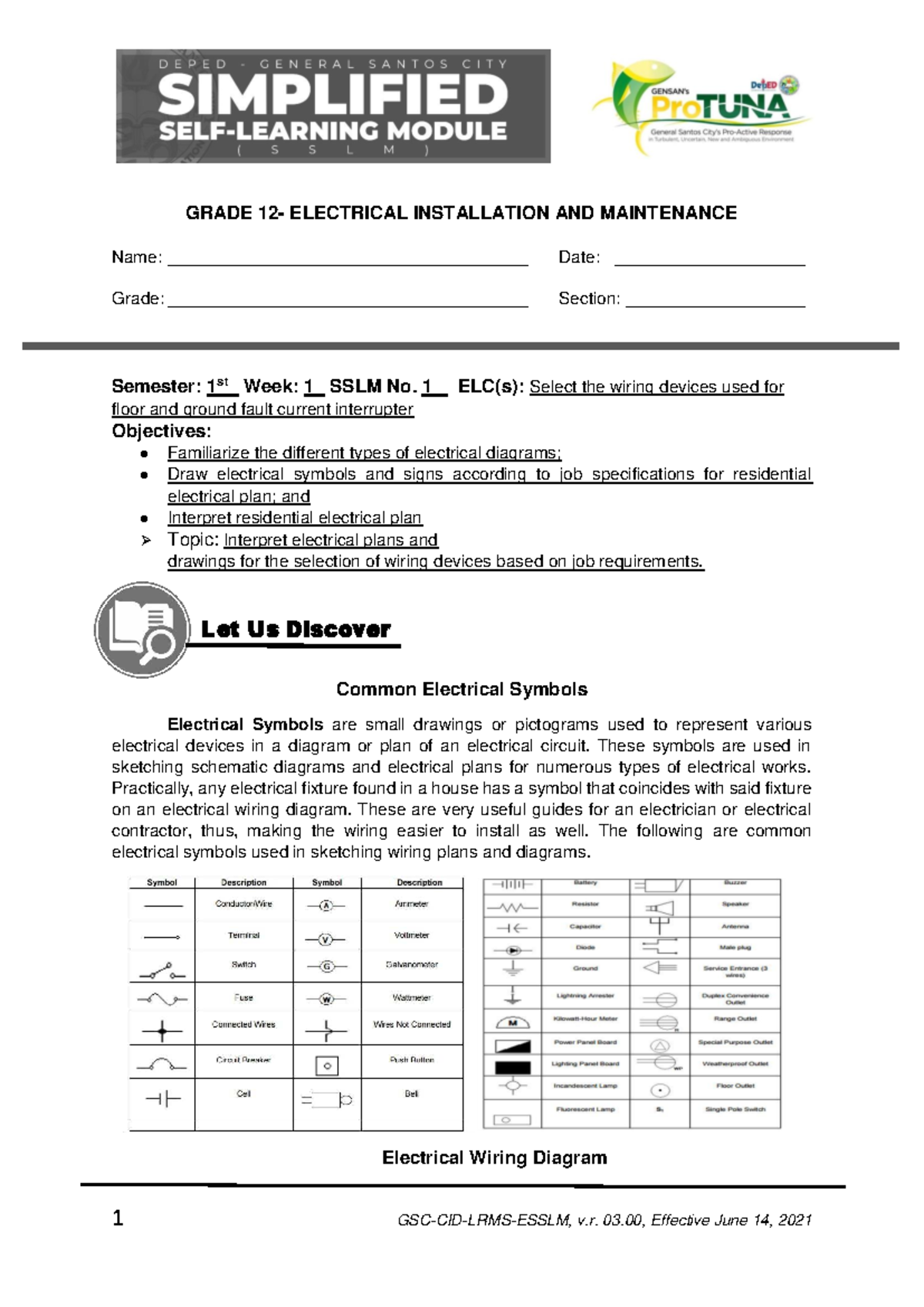EIM-G12 SEM1 WEEK-1: Electrical Symbols & Wiring Diagrams Guide - Studocu