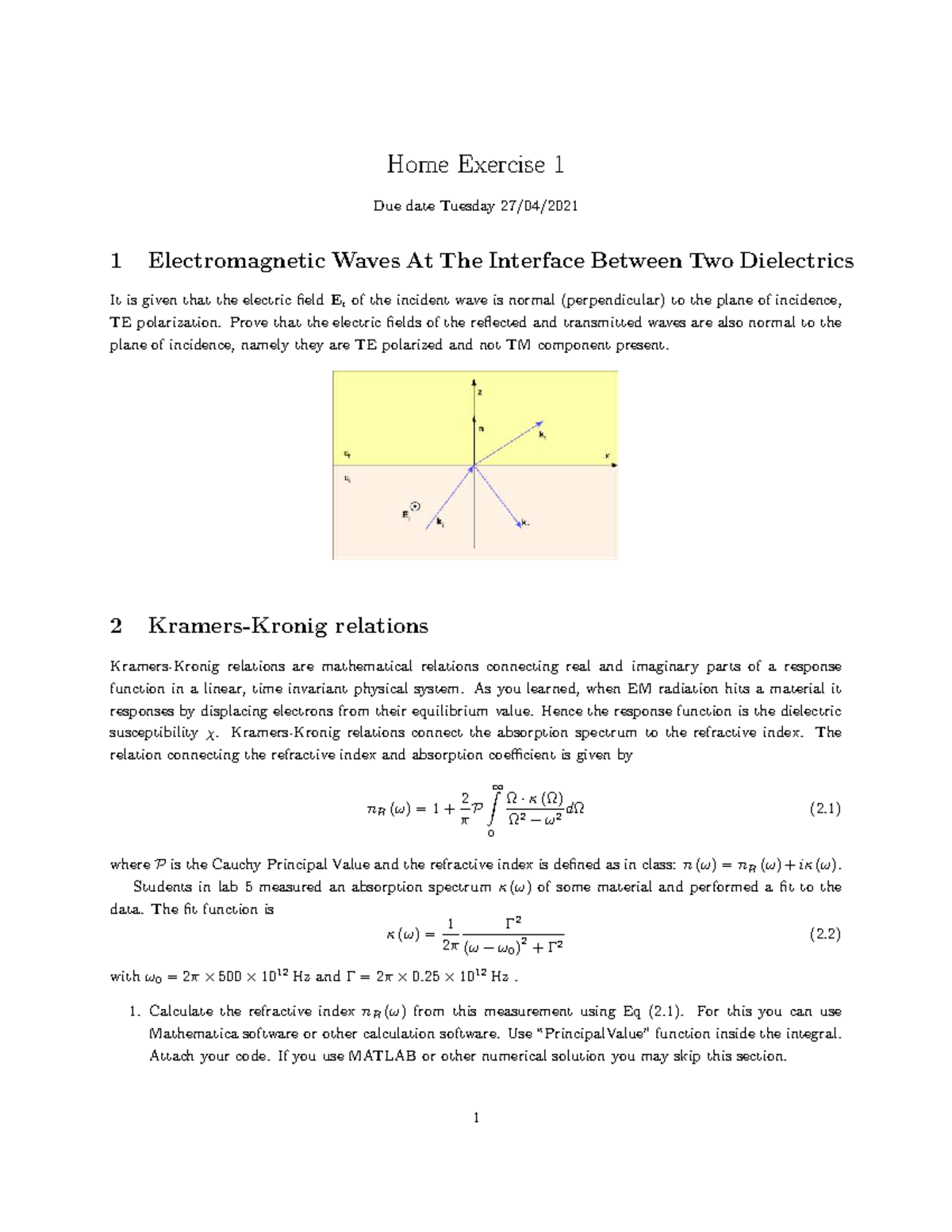 Electromagnetic Waves: Home Exercise 1 (Due Tuesday) - Studocu