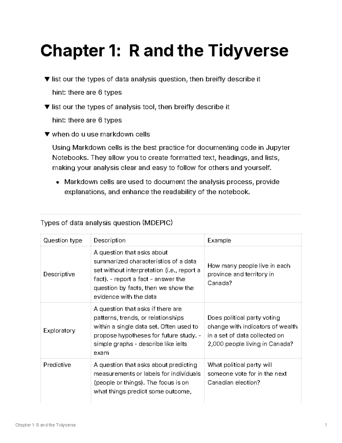 Chapter 1 R and the Tidyverse - Chapter 1: R and the Tidyverse list our the types of data ...