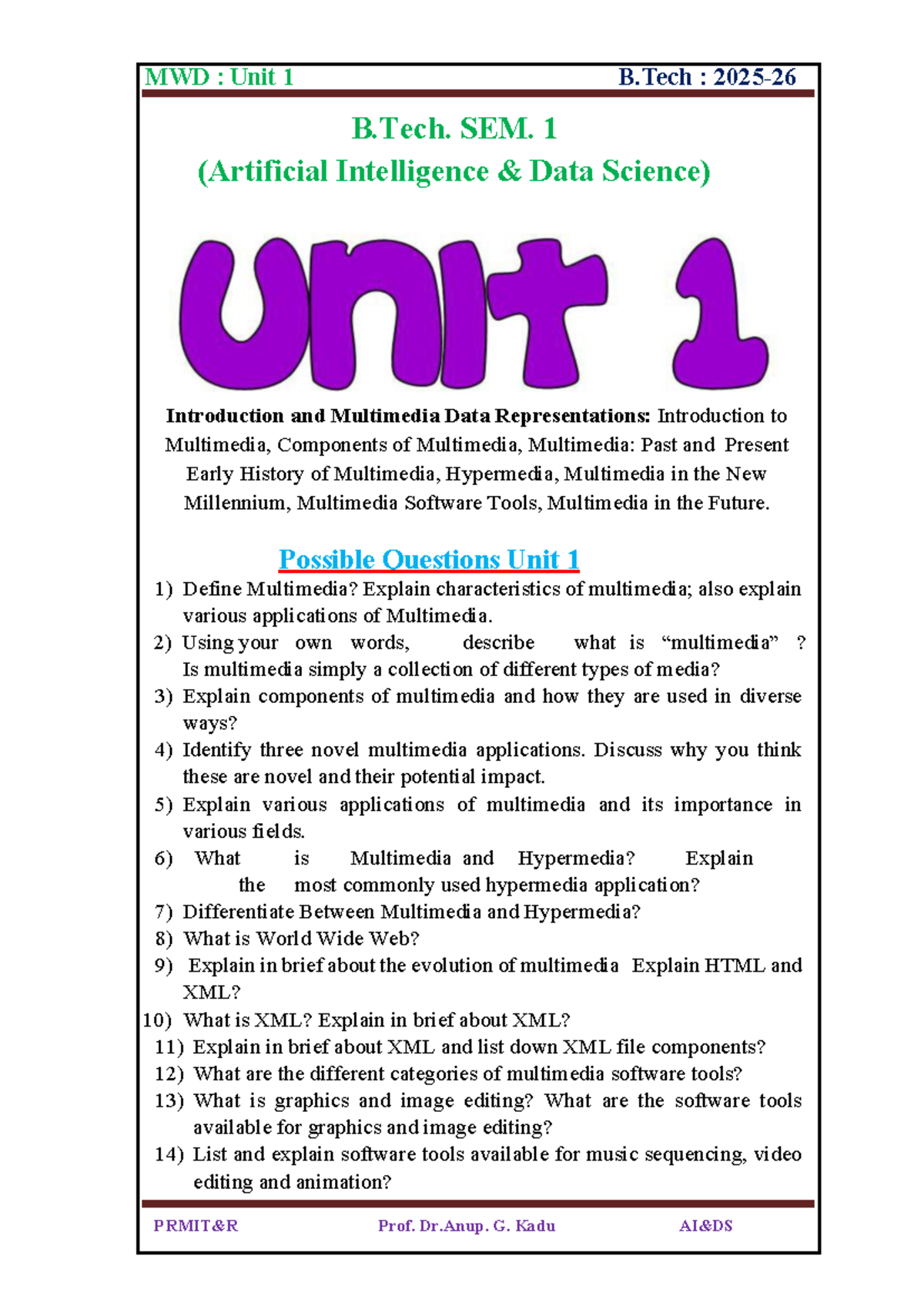 MWD: Unit 1 B.Tech SEM 1 - Introduction to Multimedia Data Representations - Studocu