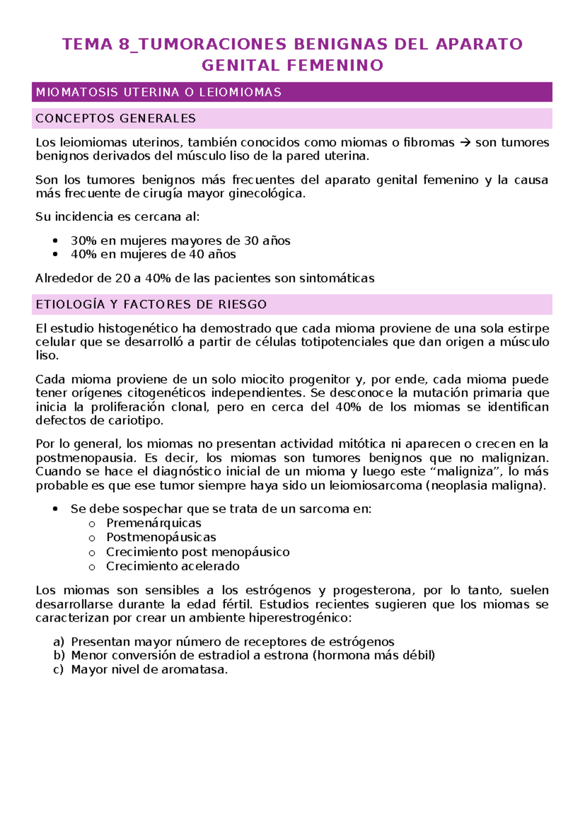 TEMA 8 - Tumoraciones Benignas del Aparato Genital Femenino: Miomatosis ...