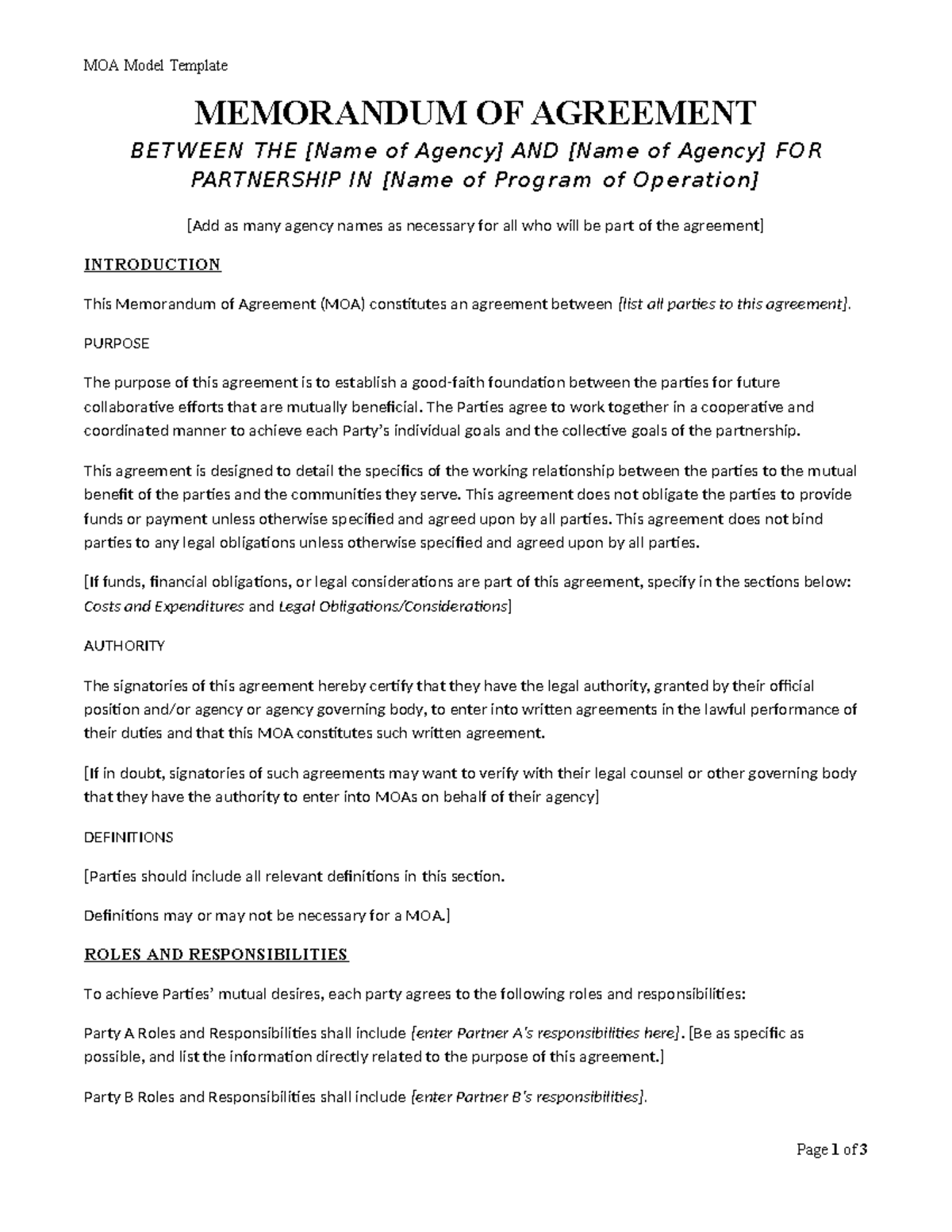 Fillable Template MOA - Memorandum of agreement - MOA Model Template ...