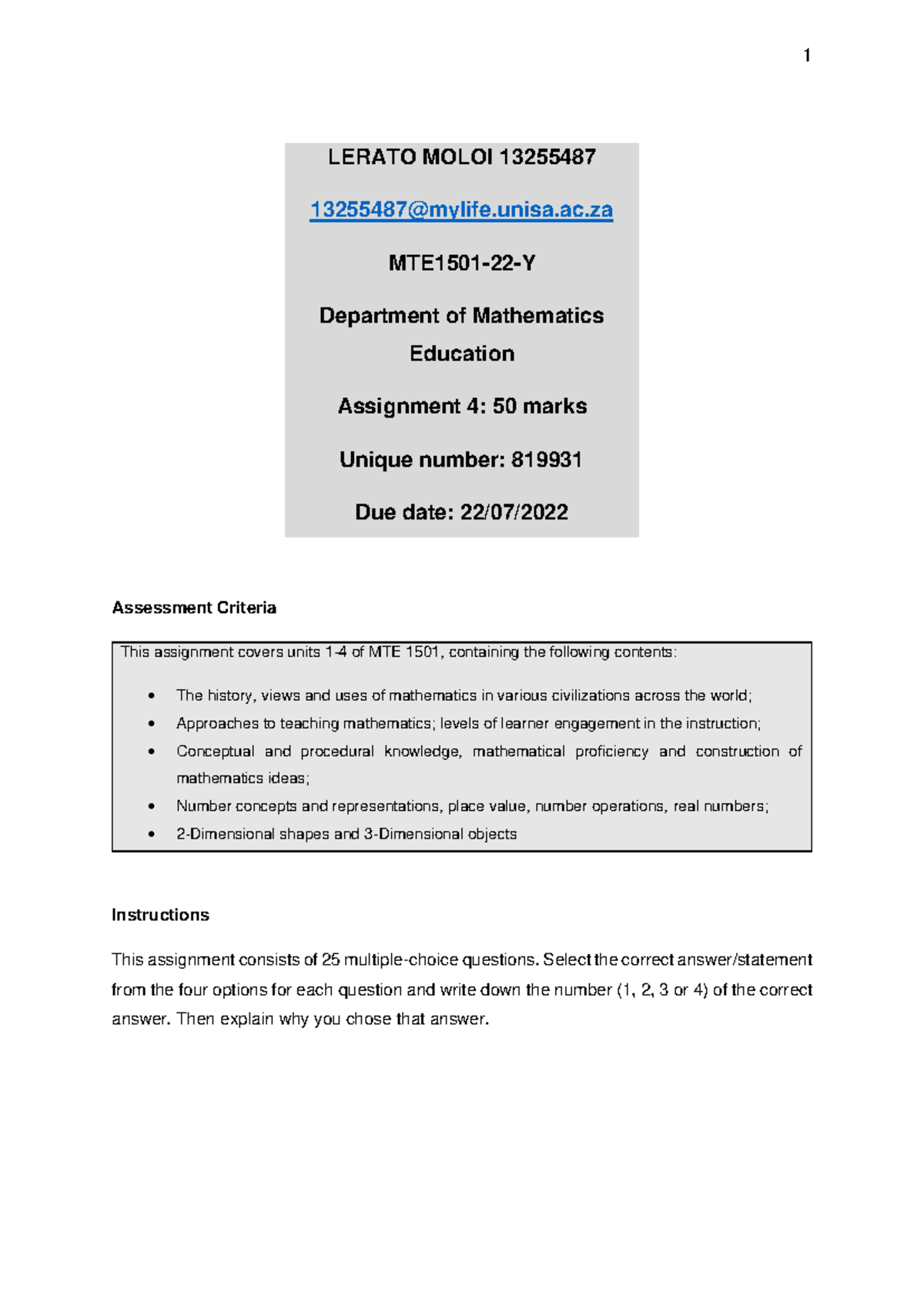 MTE1501 Assignment 4: Exploring Mathematics Concepts & Teaching Methods - Studocu