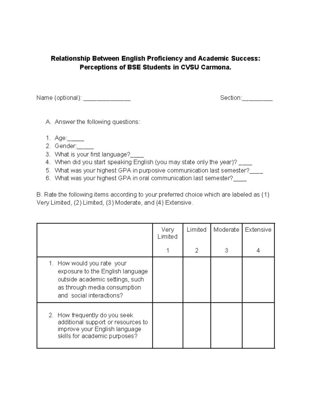 Questionnaire - htyio - Relationship Between English Proficiency and ...