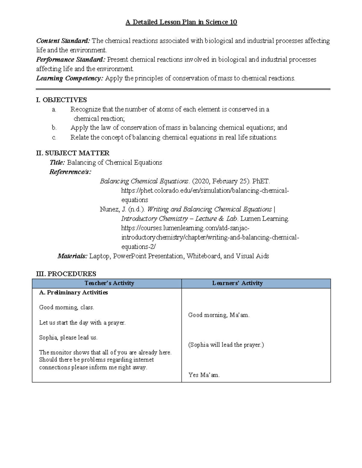 Lesson Plan: Balancing of Chemical Equations in Science 10 - Studocu