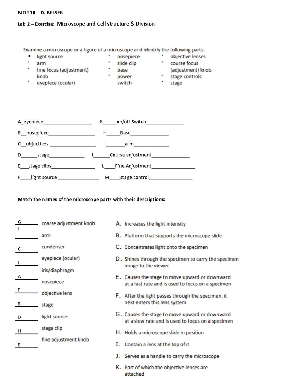 2 BIO 210 Lab 2 Exercise: Microscope, Cell Structure & Division - Studocu