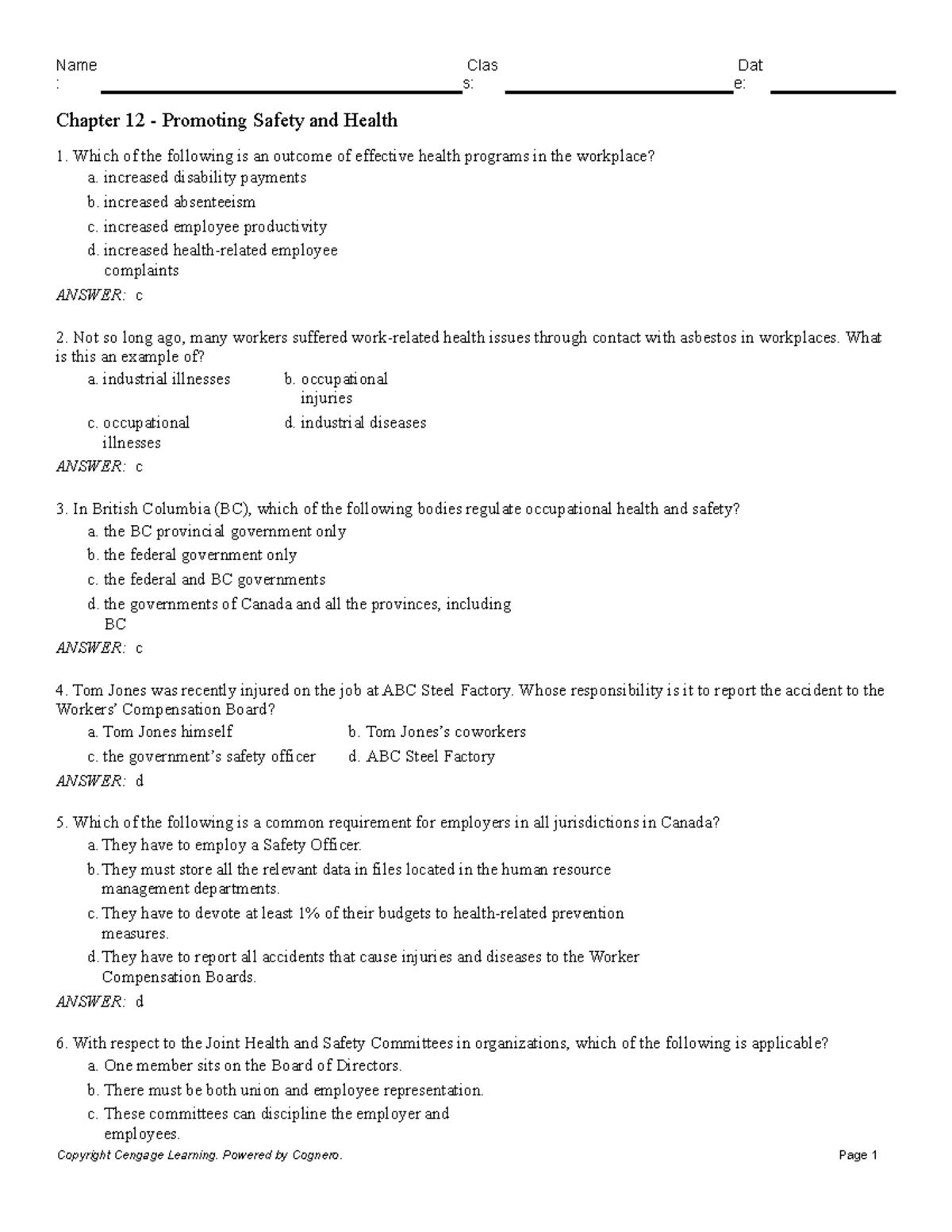 Chapter 12: Workplace Safety & Health Promotion Strategies - Studocu