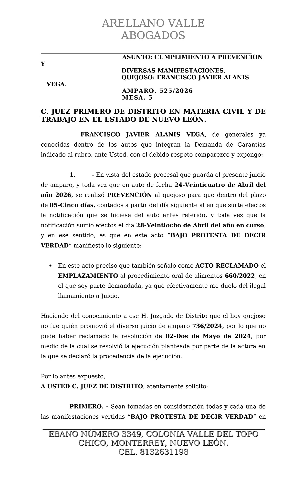 Cumplimiento de Prevención en Amparo - Juzgado de Distrito (Francisco ...