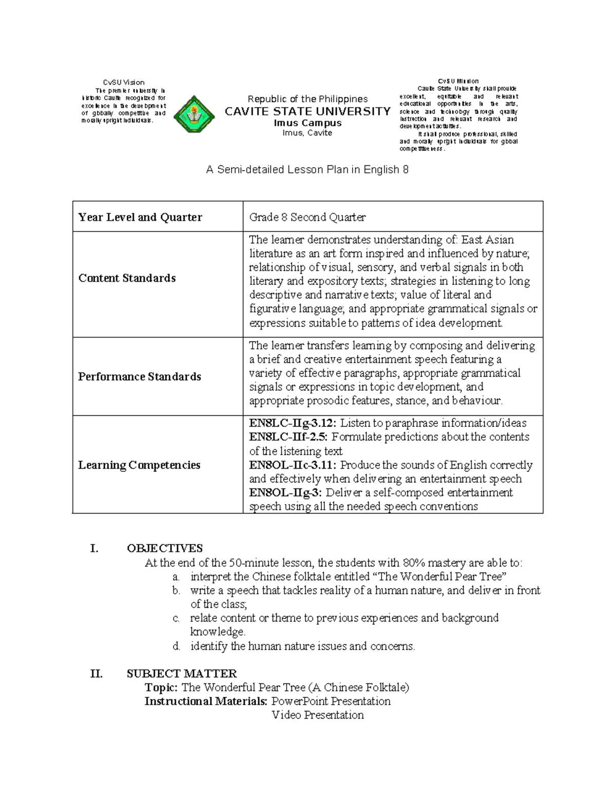 Semi-Detailed Lesson Plan: English 8 - The Wonderful Pear Tree - Studocu