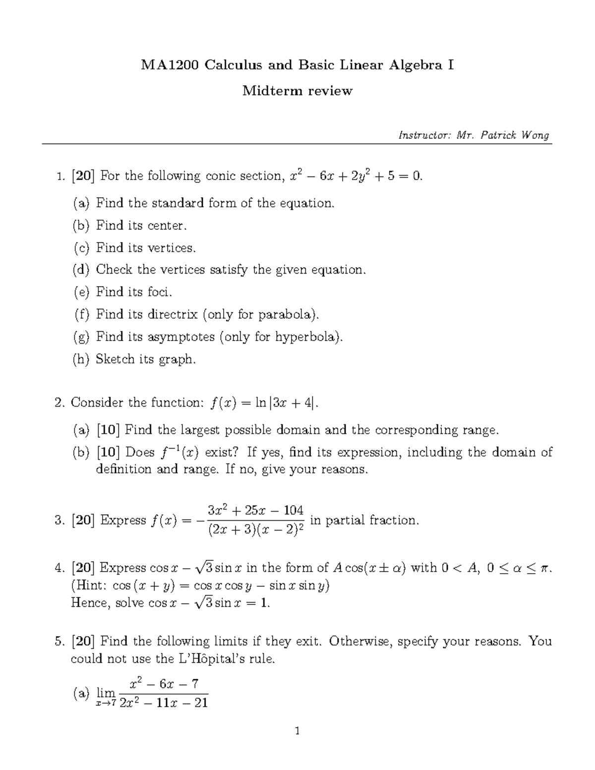 MA1200 Calculus & Linear Algebra I Midterm Review Guide - Studocu