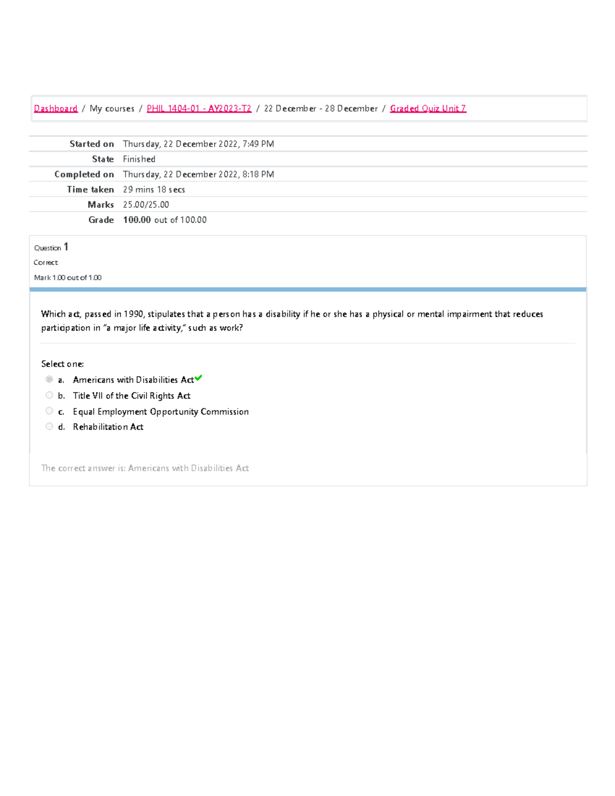 PHIL 1404-01: Ethics Graded Quiz Unit 7 100% Grade Review - Studocu
