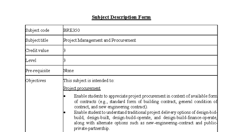 BRE350 - Project Management and Procurement Subject Overview - Studocu