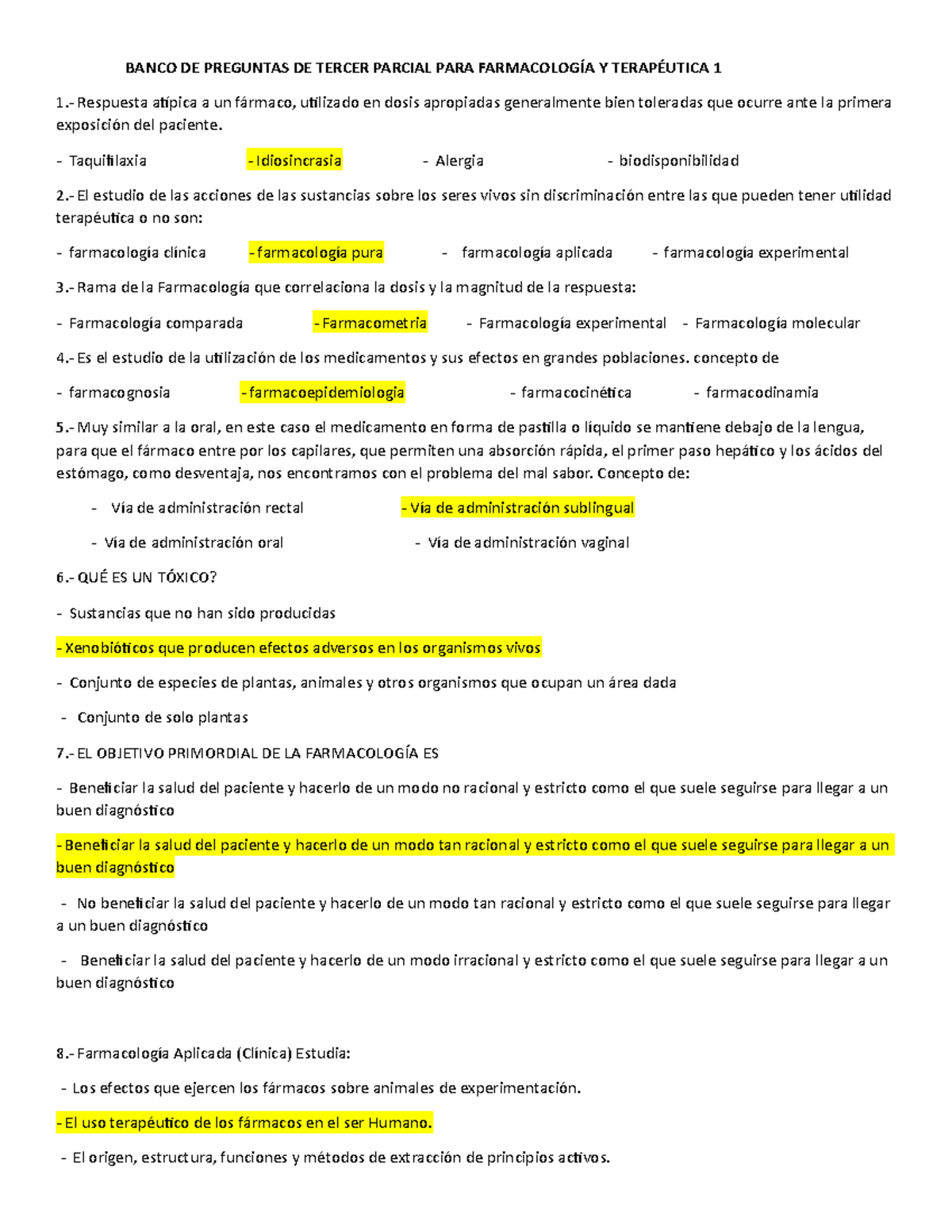 Banco DE Preguntas DE Tercer Parcial PARA Farmacología Y Terapéutica 1SR - BANCO DE PREGUNTAS DE ...