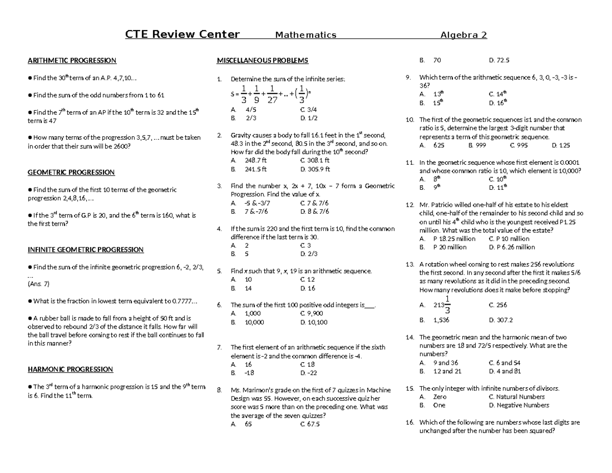 Math-02 - hshshshs - CTE Review Center Mathematics Algebra 2 ARITHMETIC ...