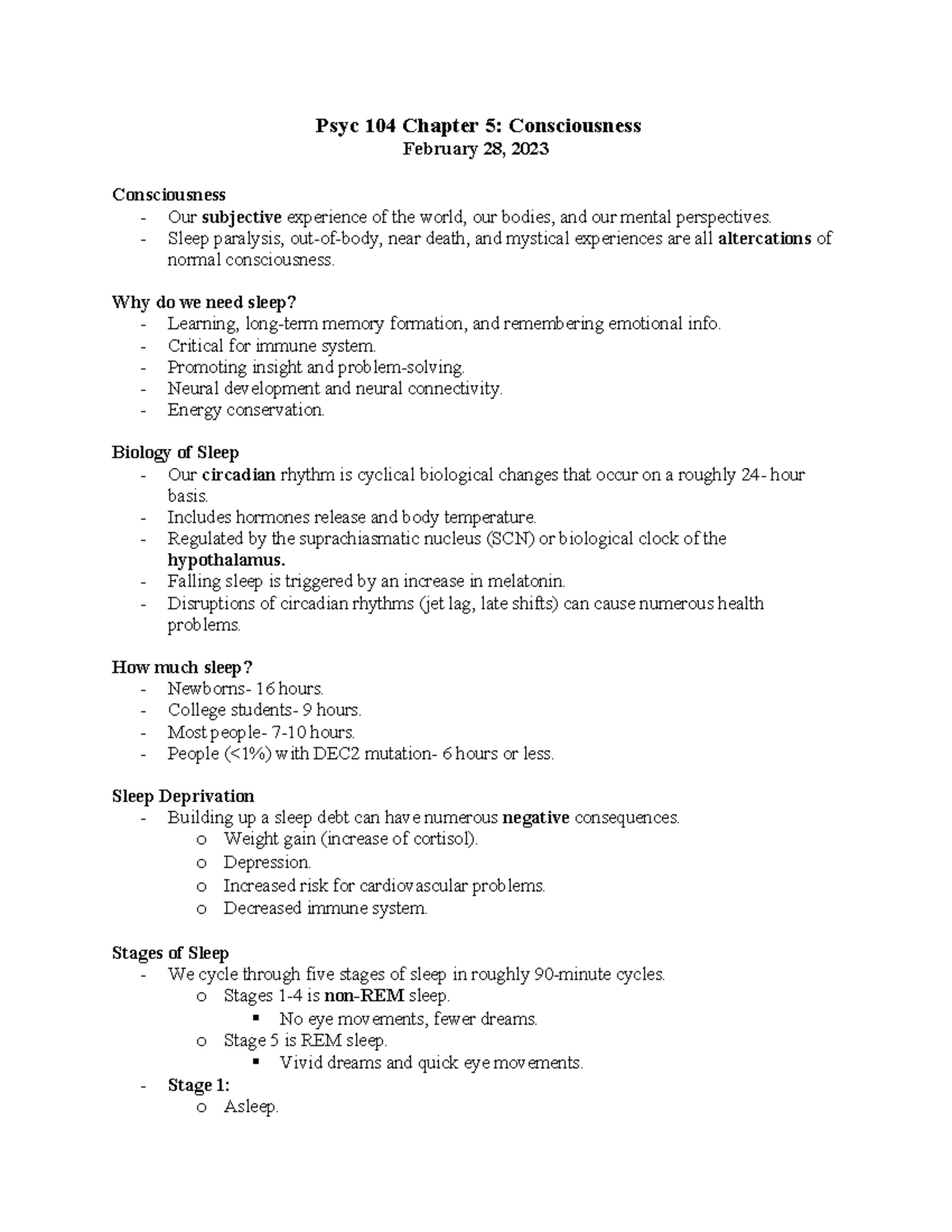 Psyc 104 Chapter 5: Insights on Consciousness and Sleep - Studocu