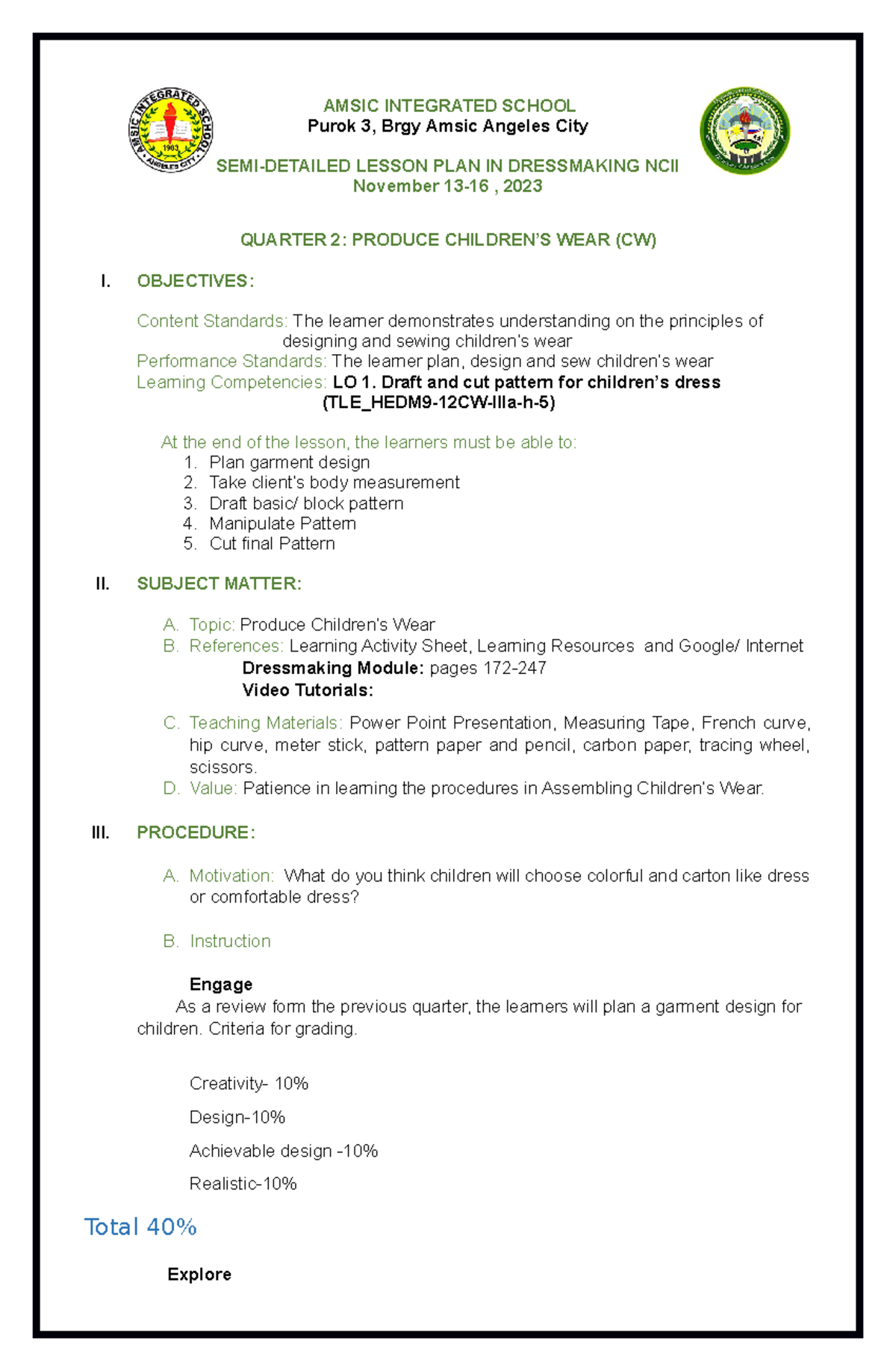 Semi-Detailed Lesson Plan for Dressmaking NCII: Children's Wear - Studocu