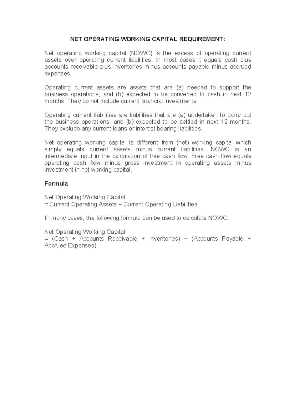 NOWC & FCF Analysis: Understanding Working Capital Metrics - Studocu