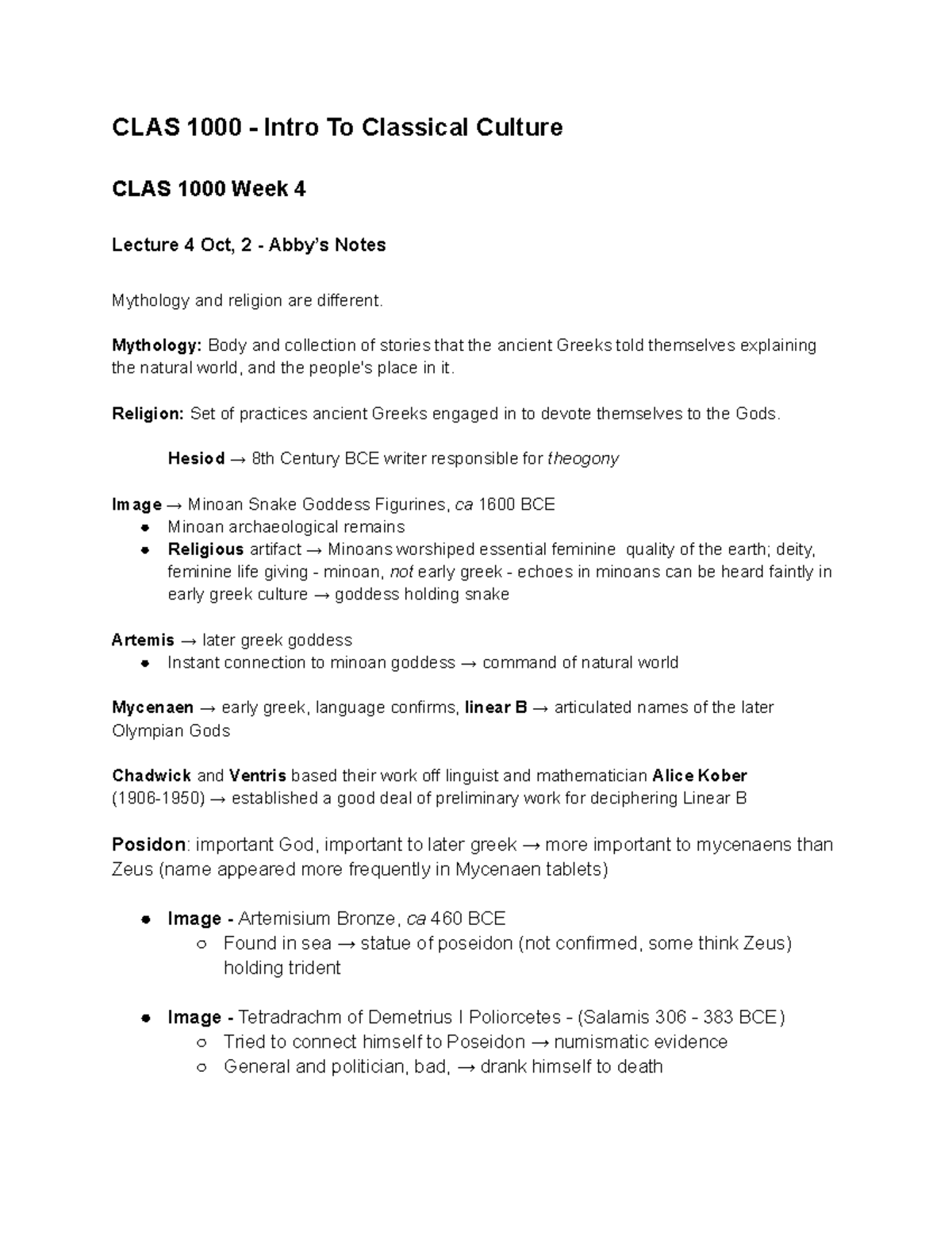 CLAS 1000 - Week 4 Lecture Notes on Greek Mythology and Religion - Studocu