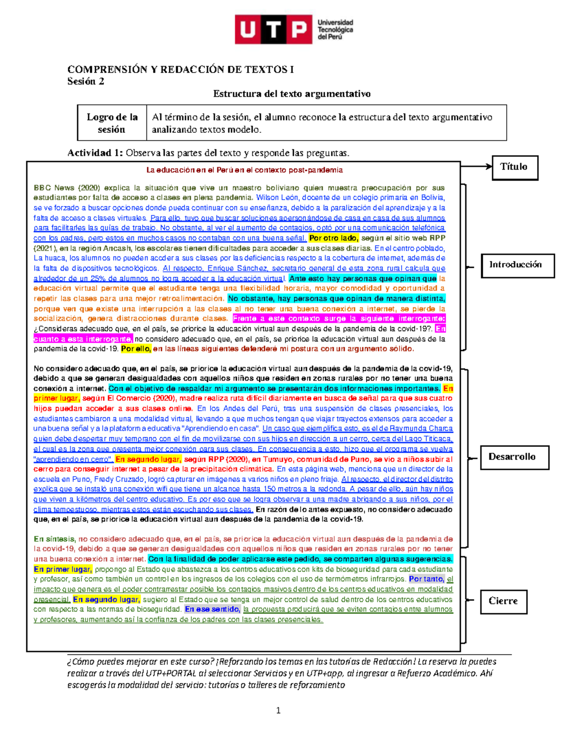 COMPRENSIÓN Y REDACCIÓN DE TEXTOS I - Sesión 2: Estructura del Texto ...