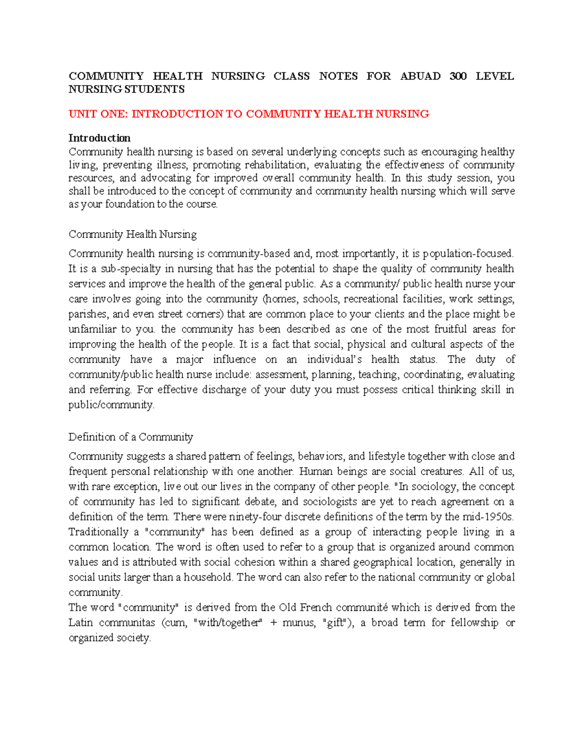 NSC 302 CHN Class Notes: Introduction to Community Health Nursing - Studocu