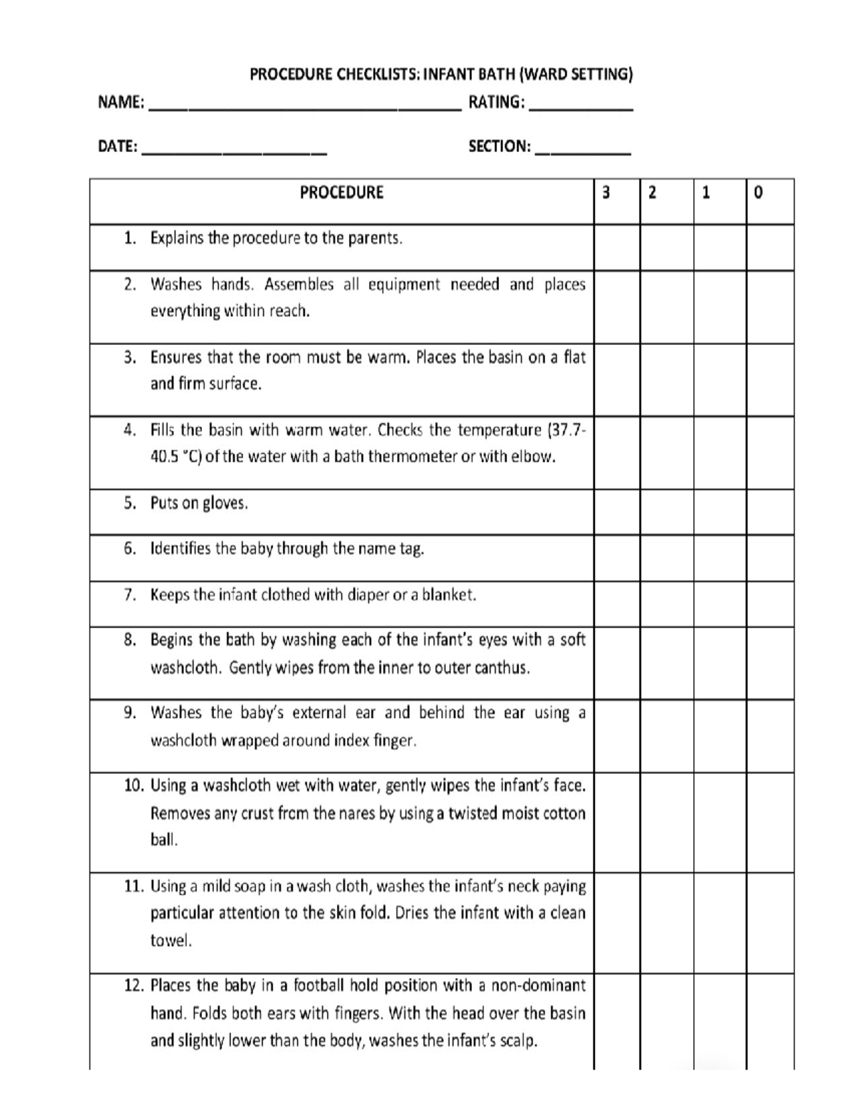 PROCEDURE CHECKLIST: INFANT BATH (WARD SETTING) 3210 - Studocu