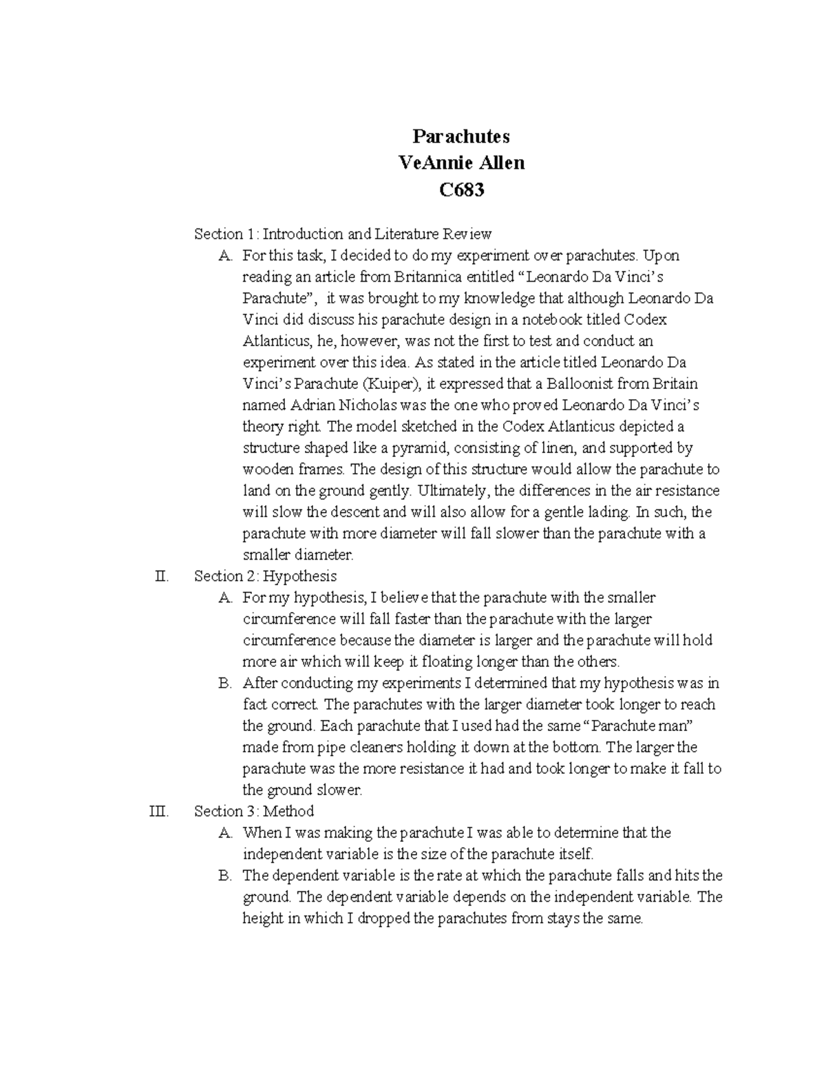 Parachute Experiment Analysis: C683 Natural Science Lab Task 1 - Studocu