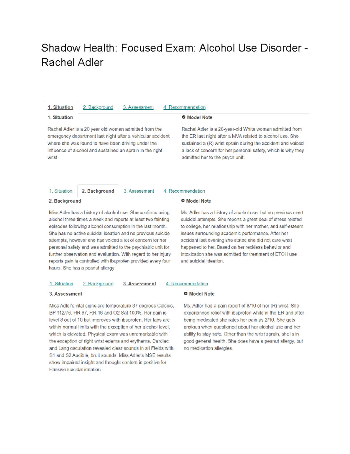 Shadow Health Rachel Adler SBAR: Focused Exam on Alcohol Use Disorder ...