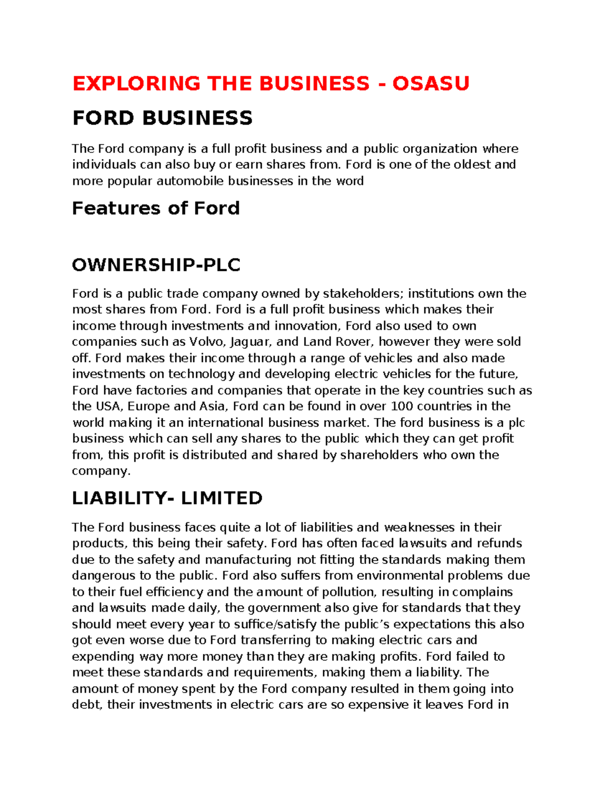 Exploring the Business of Ford: Insights and Challenges - Studocu