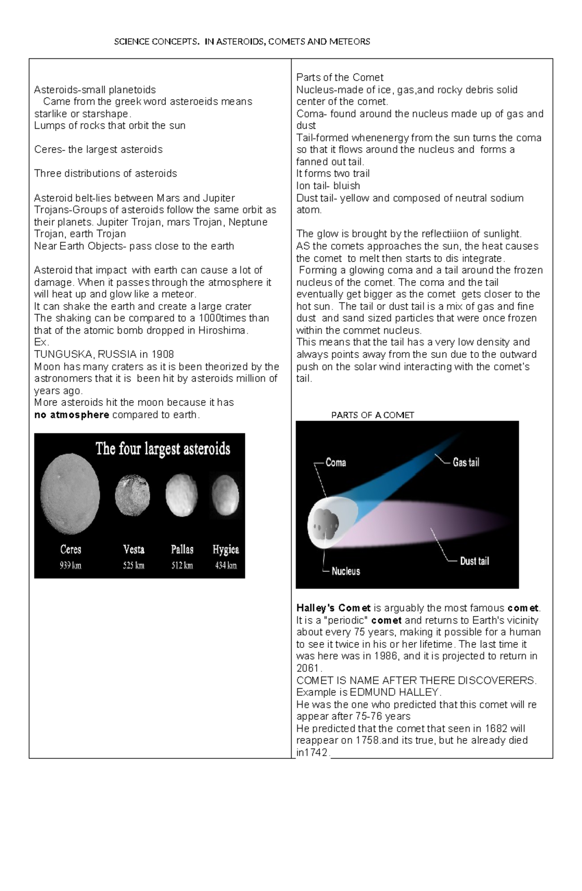 Asteroids, Comets, and Meteors: Core Concepts in SCI 101 - Studocu