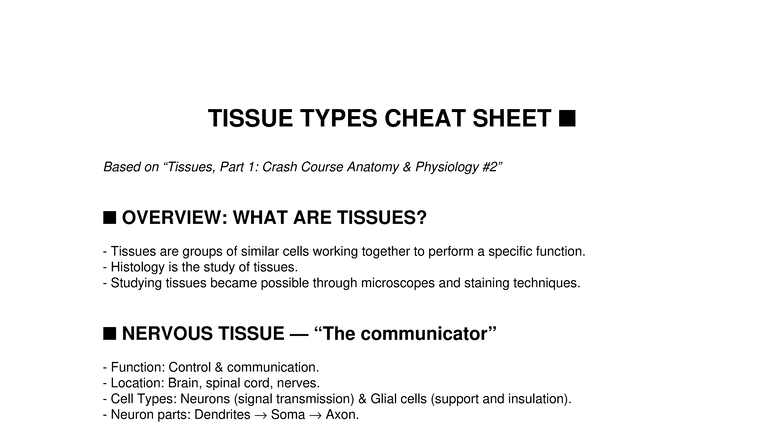 TISSUE TYPES CHEAT SHEET: Crash Course in Anatomy & Physiology - Studocu