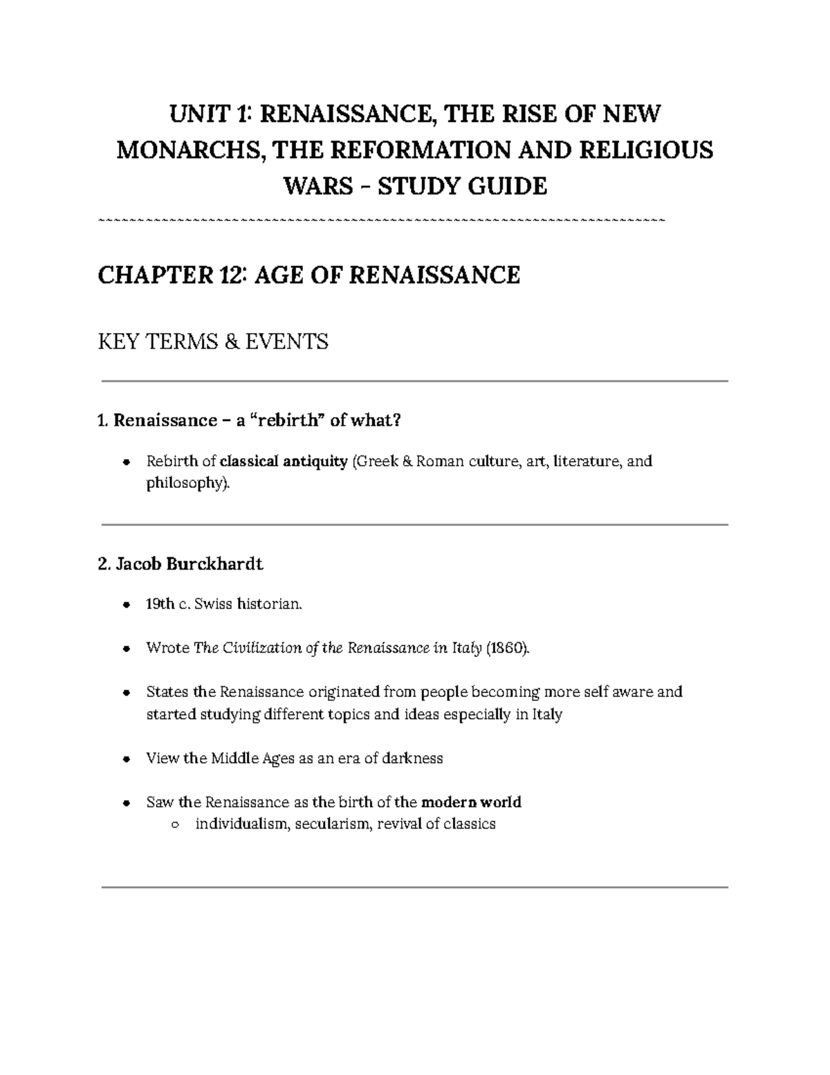 Unit 1 Study Guide: Renaissance, New Monarchs, Reformation & Wars - Studocu