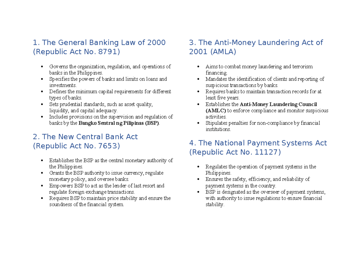 Bank Laws Summary - Key Provisions for Banking Regulations - Studocu