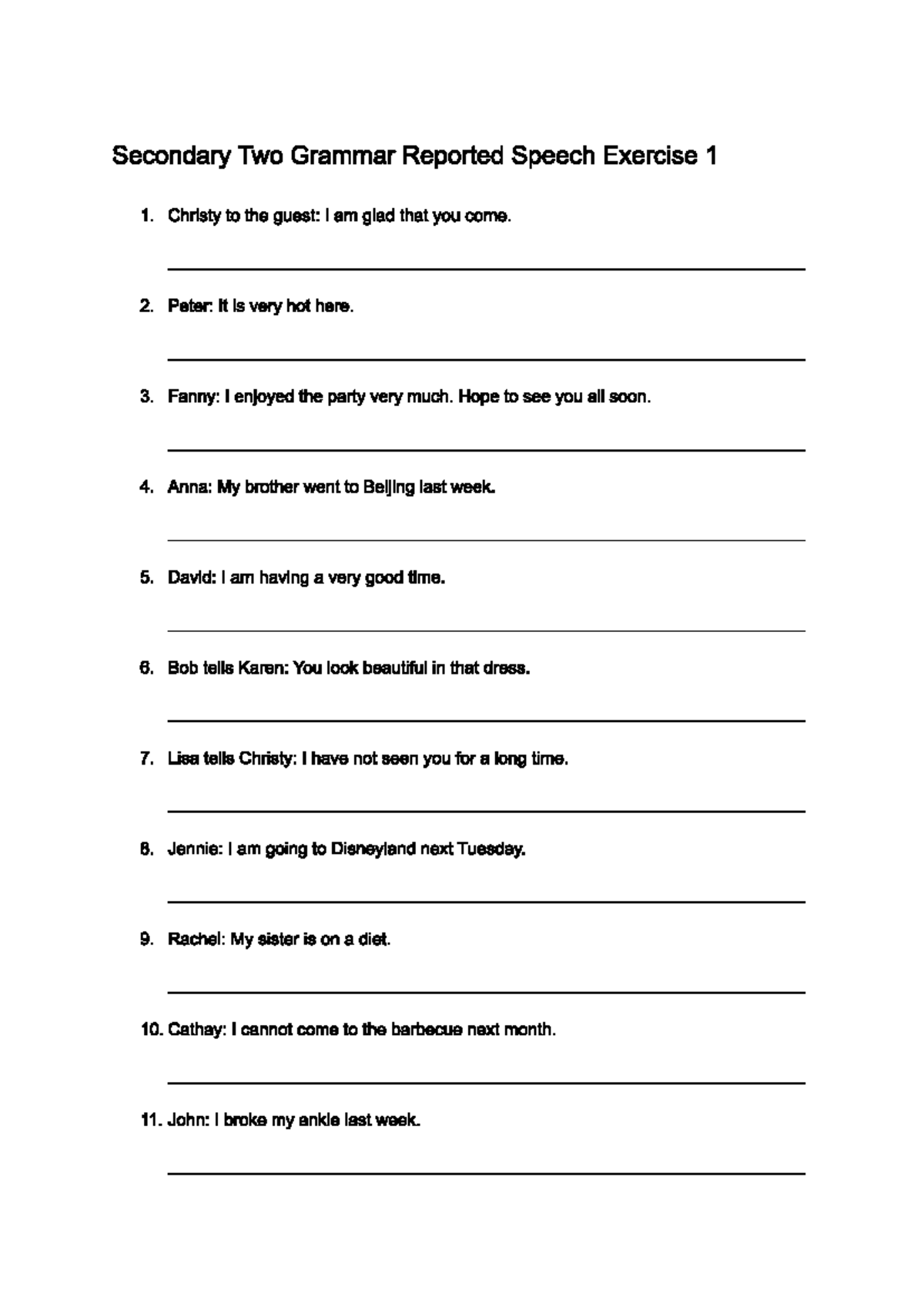 Secondary Two Grammar: Reported Speech Exercise 1 - Studocu