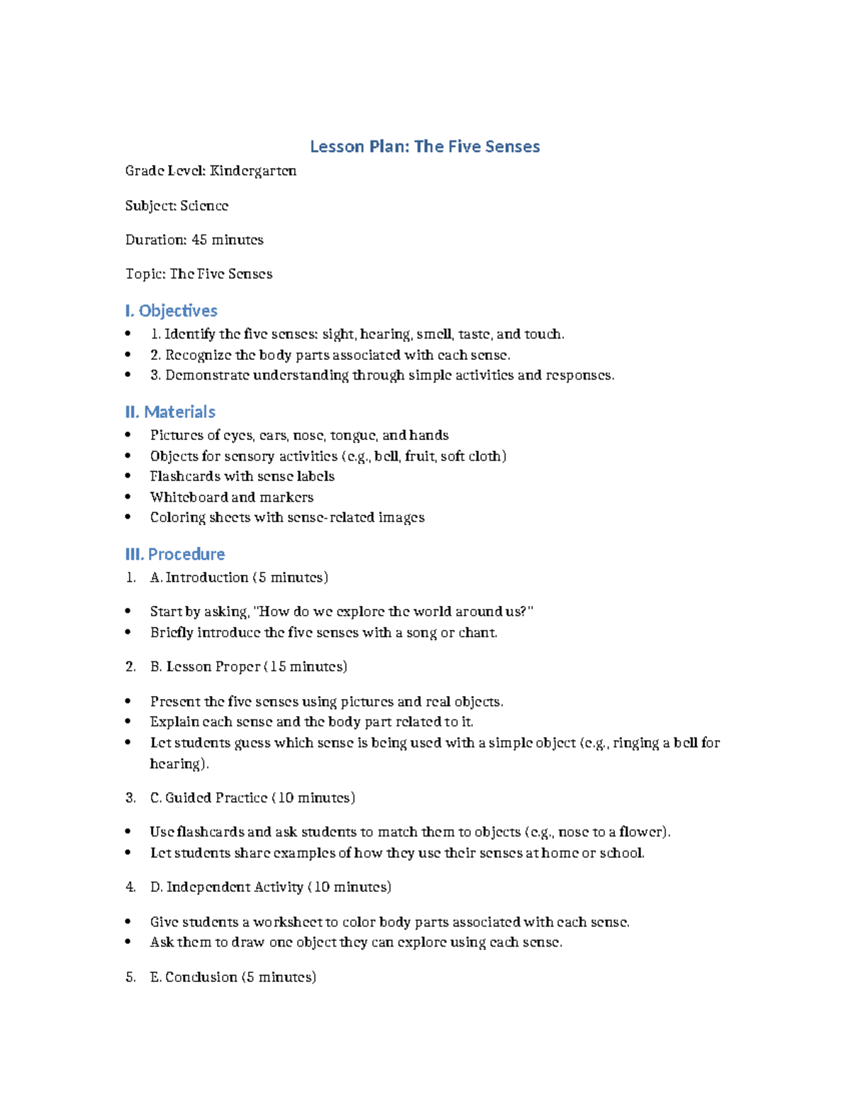 Kinder Science Lesson Plan: Exploring the Five Senses - Studocu