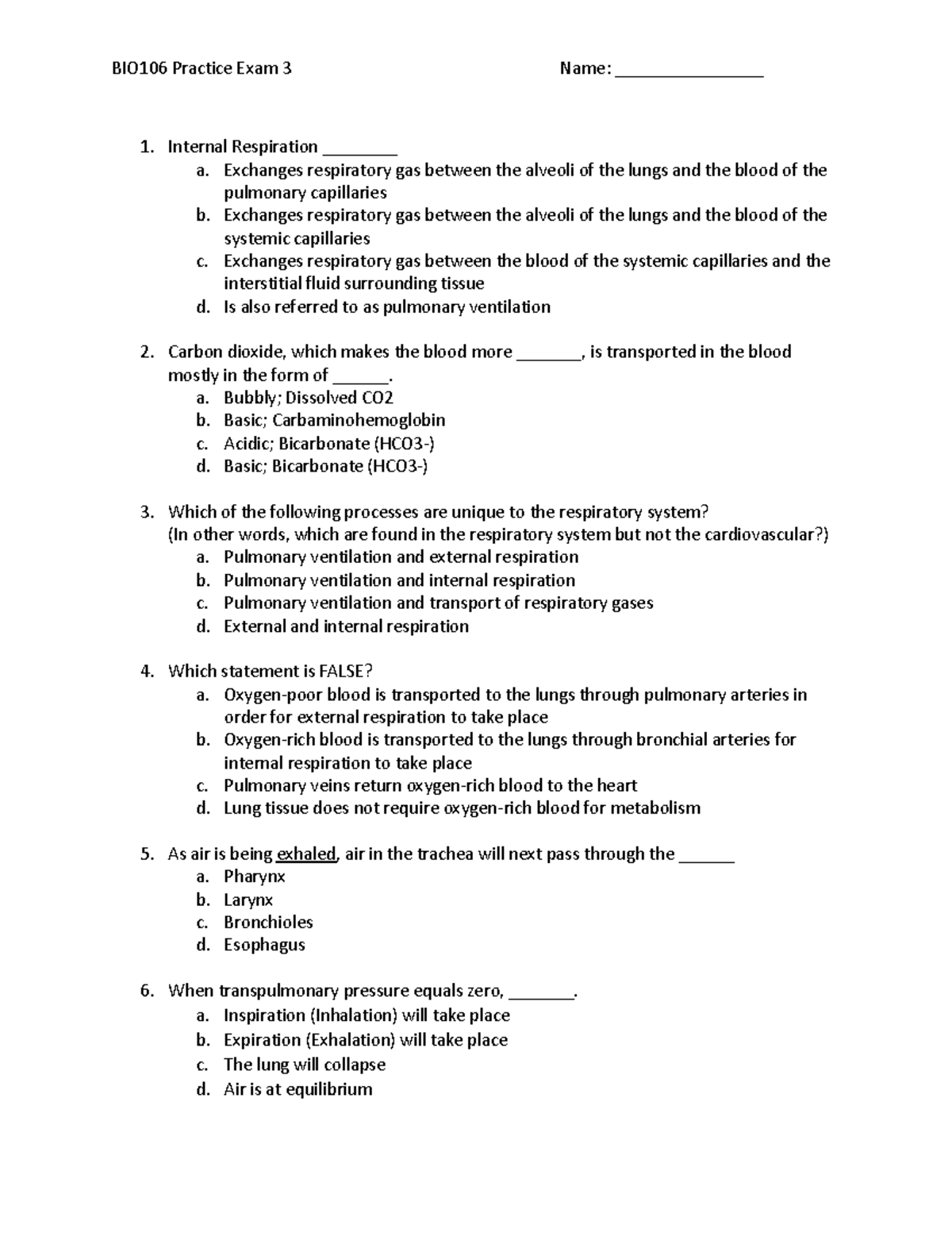 BIO106 Practice Exam 3 - Studocu