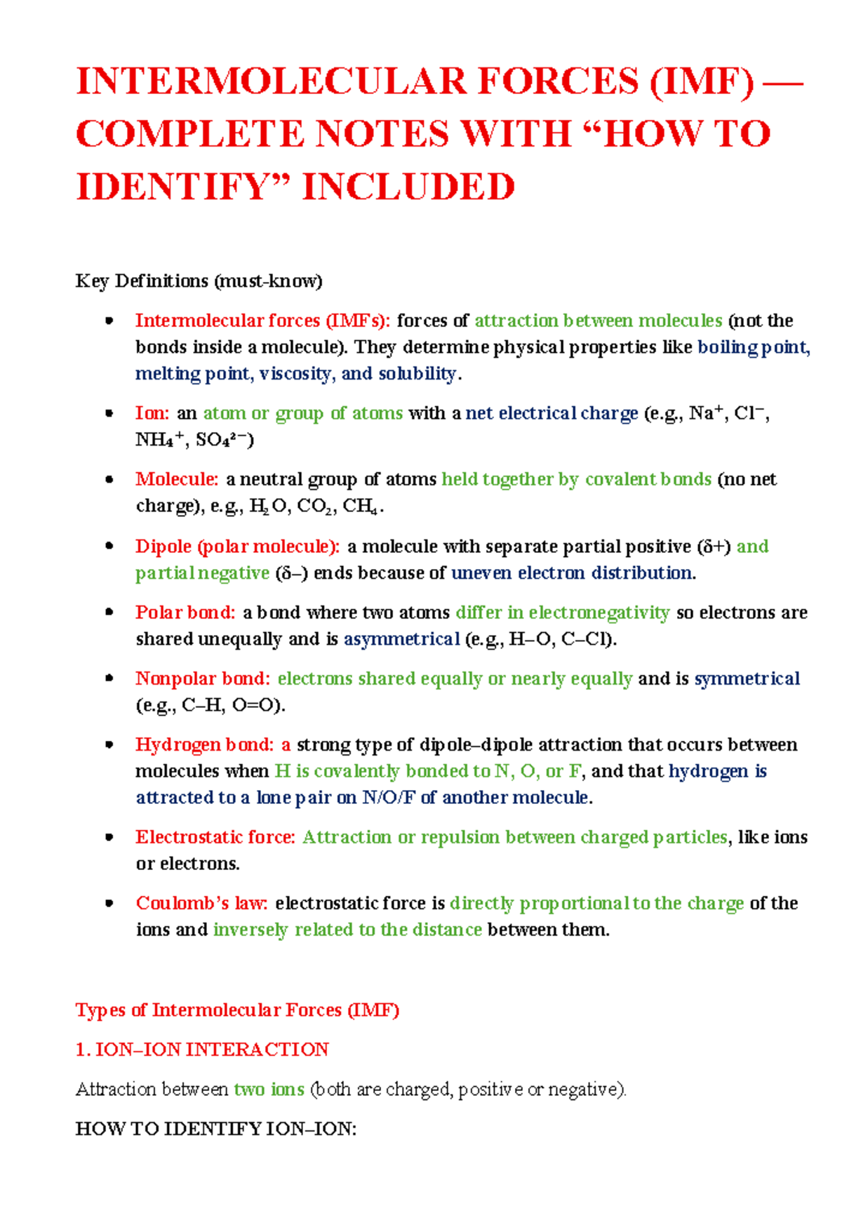 IMF (Intermolecular Forces) & Properties of Liquids/Solids Notes - Studocu