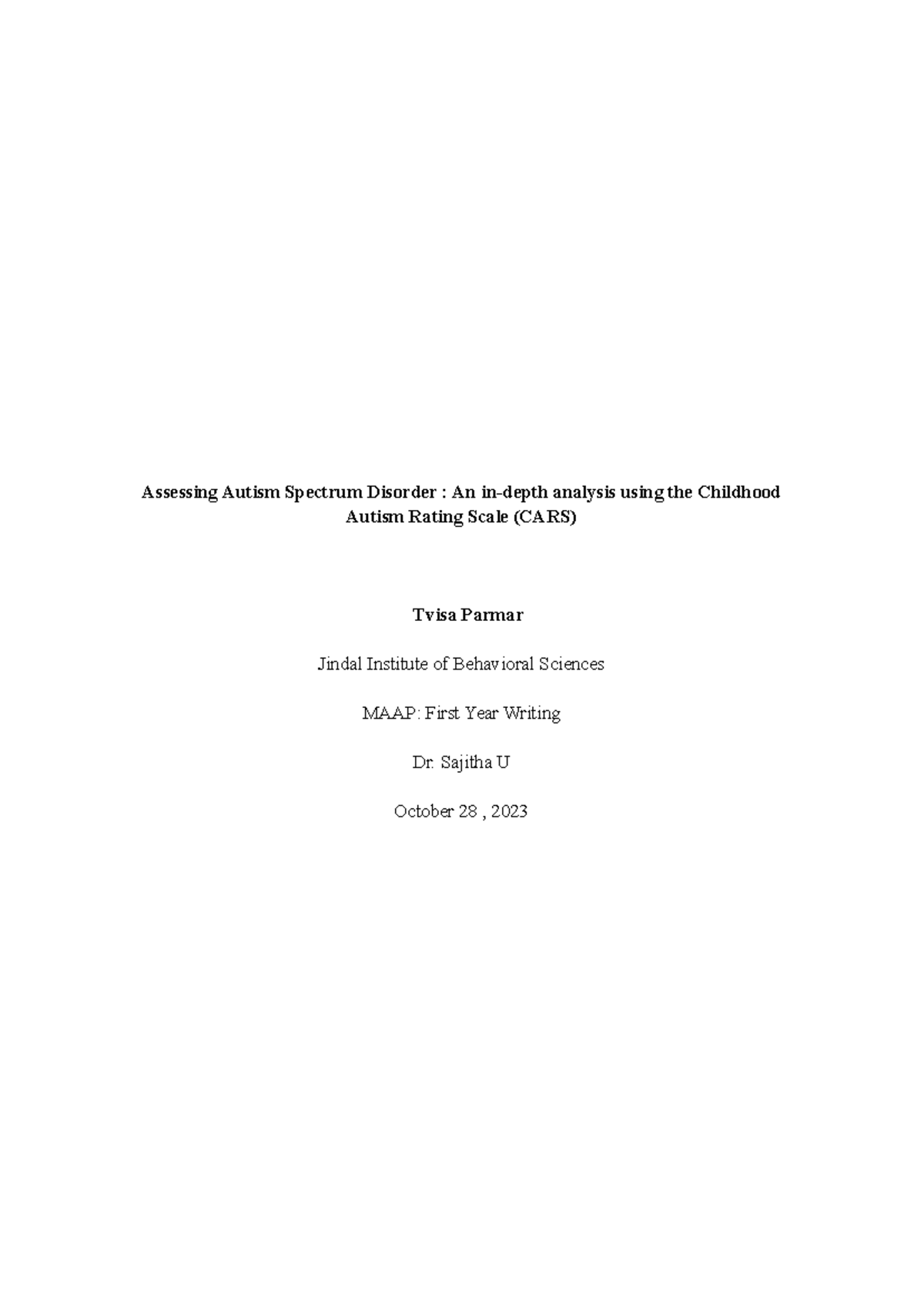 CARS 2 (ST) - Detailed Practical Report on Autism Assessment - Studocu