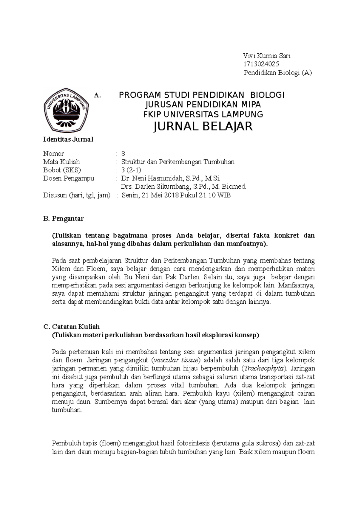 Jurnal Belajar 08 Xilem DAN Floem - Vivi Kurnia Sari 1713024025 ...