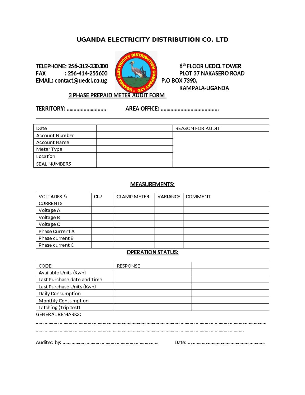 Meter Auditing Template 3phase - UGANDA ELECTRICITY DISTRIBUTION CO ...